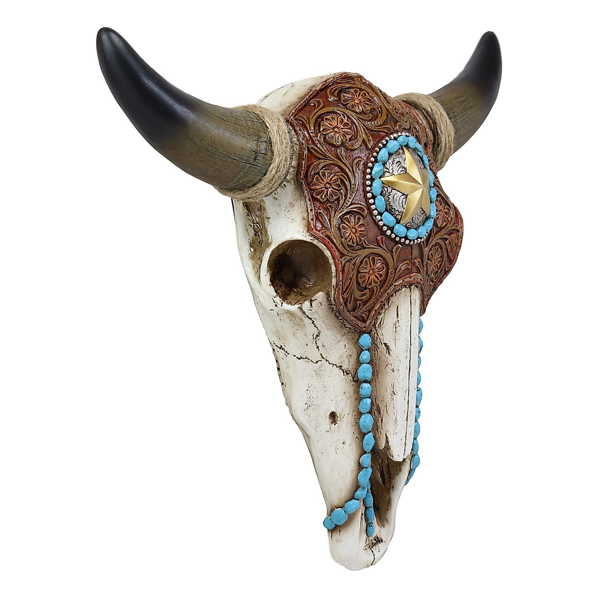Ebros 13.25" Wide Western Star Tooled Leather Steer Bison Buffalo Bull Cow Horned Skull Head With Turquoise Beads Wall Mount Decor Replica Native Animal Totem Bust Skulls Hanging Plaque Sculpture
