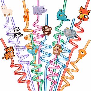 24 Reusable Jungle Animal Plastic Straws for Elephant Fox Dinosaur Giraffe Safari Birthday Party Supplies Favors,Woodland Party Gift Favor Twisted Straws with 4 Cleaning Brushes
