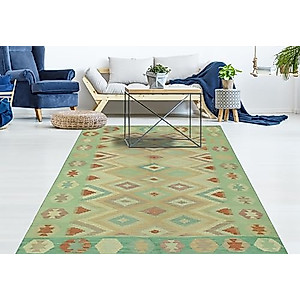 Noori Rug - Premium & Luxury Imported - Handmade Sun Faded Flatweave Francesca Rug - Green - Orange, 5'1" x 6'7" - Living Room - Bedroom