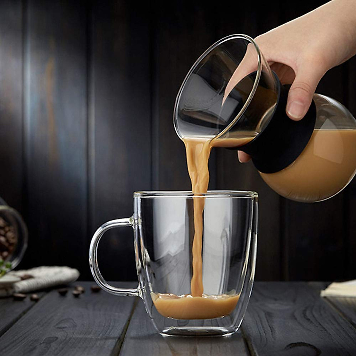 Sivaphe Double Wall Demitasse Cups With Handle 12oz Set of 2 Clear Borosilicate Glass Espresso Mugs for Latte, Cappuccino, Tea, Beverages, Ice Coffee