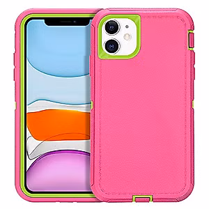 CAFEWICH iPhone 11 Case, Heavy Duty Shockproof 3-Layer Full Body Protective High Impact Tough Hybrid Rubber Rugged Durable Phone Cover for iPhone 11 6.1'' - Hot Pink Green