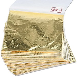200Pcs Gold Leaf Sheets Gold Foil Sheets for Gilding Crafting, Art & DIY Projects, Picture Frames, Home Walls, Interior and Multi Artistic Decoration, Imitation Gold Foil Sheets 5.5" x 5.5"