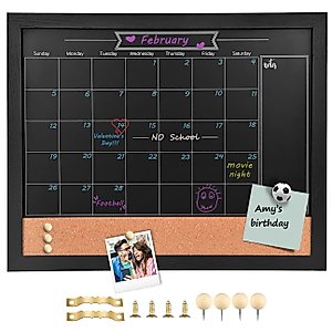 TORASO Magnetic Chalkboard Calendar & Corkboard, 13" x 17" Combination Chalk Board & Bulletin Board, Black Wood Framed Blackboard/Calendar/Cork Combo Board(ZHHB-BK-3442)