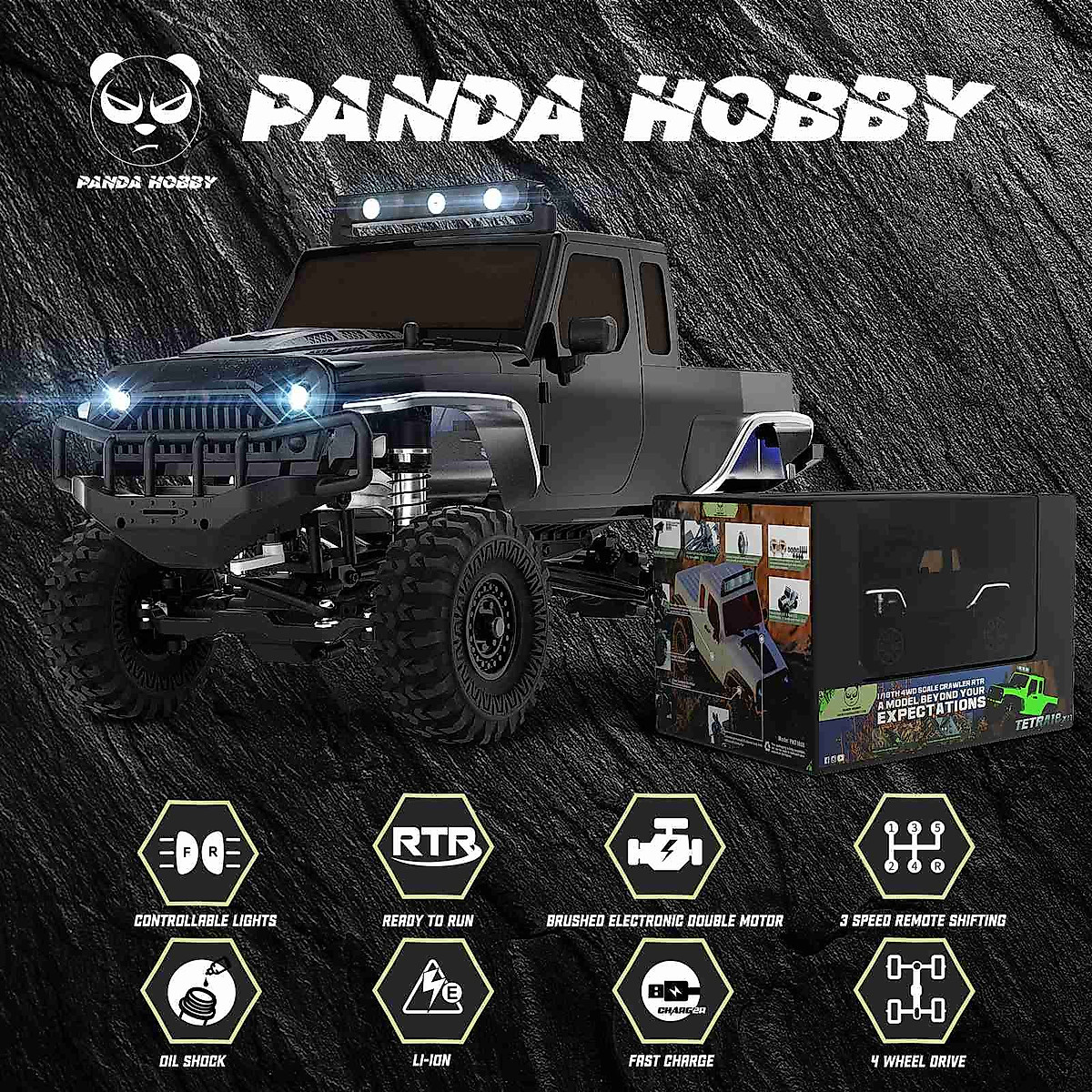 PANDA HOBBY RC Rock Crawler 4x4,RC Crawler 1/18 4WD Off Road RC Cars,RTR Remote Control Car for Adults,1:18 Scale RC Truck Cruiser Vehicle,Waterproof All Terrains Hobby RC Model Car,Tetra18 X1T,Black