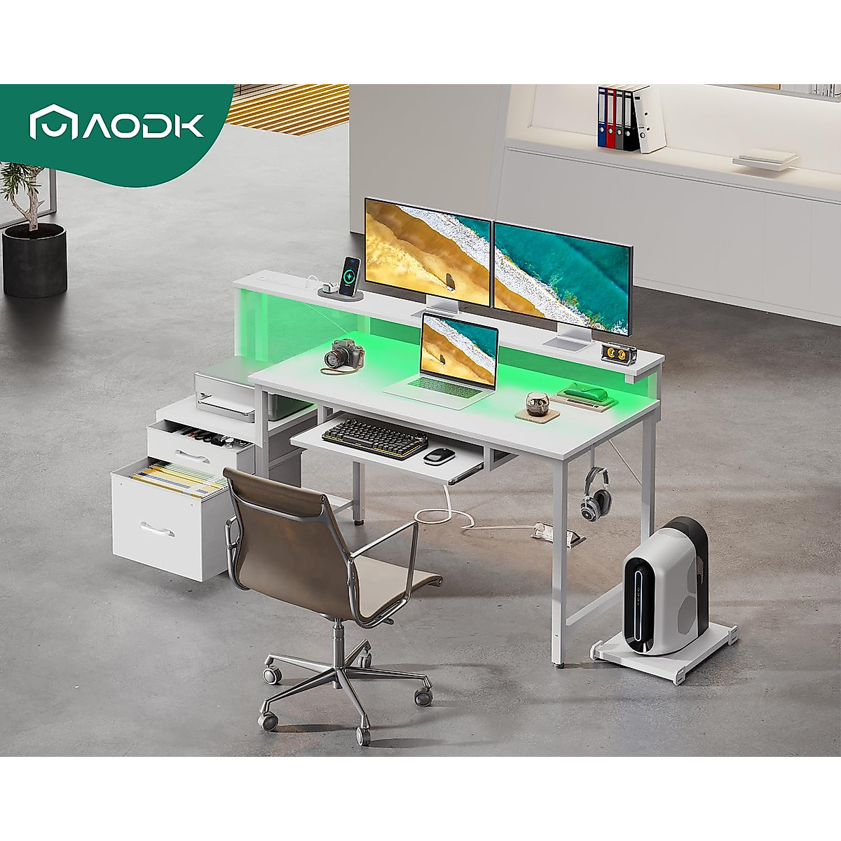 AODK 55" Computer Desk with Fabric File Cabinet and Drawer, Reversible Office Desk with Power Outlet and LED Light, Study Desk with Printer Stand, Keyboard Tray, Full Monitor Riser and PC Stand, White