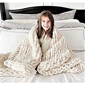 White Oak Village Chunky Knit Blanket Large Tight Knit Chunky Knit Blanket 50x70; Boho Throw; Tight Braid Cable Knit Throw for Sofa or Bed; Chenille Weighted Blanket 4.5lbs Soft Yellow