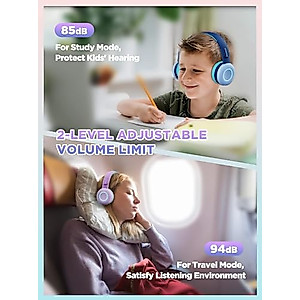 BIGGERFIVE Kids Wireless Bluetooth Headphones with 7 Colorful LED Lights, 50H Playtime, Microphone, 85dB/94dB Volume Limited, Foldable On Ear Kids Headphones for School/Girls/Fire Tablet, Purple