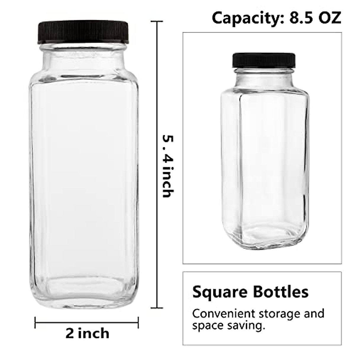 GUANENA 12 Pack Glass Drink Bottles, 8.5 OZ Vintage Square Water Bottles with Lids, Juice Bottles Beverages Containers for Milk, Kombucha, Smoothies