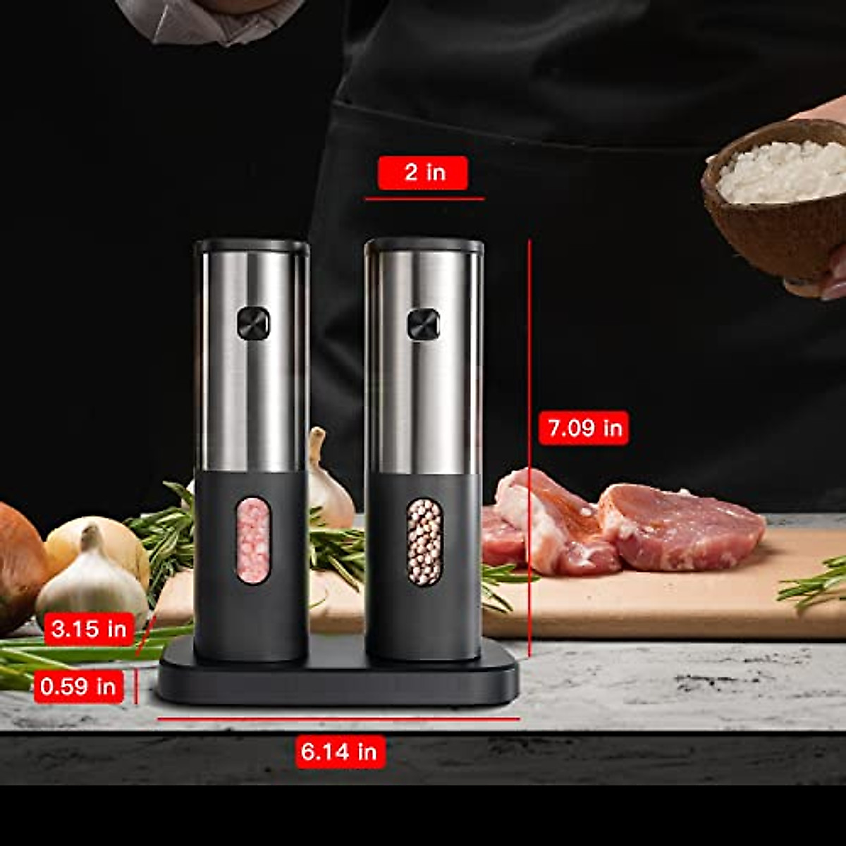 Battery Operated Salt and Pepper Grinder Set, Electric Salt Grinder with Storage Base, One Hand Automatic Operation, Stainless Steel Black 2 Pack
