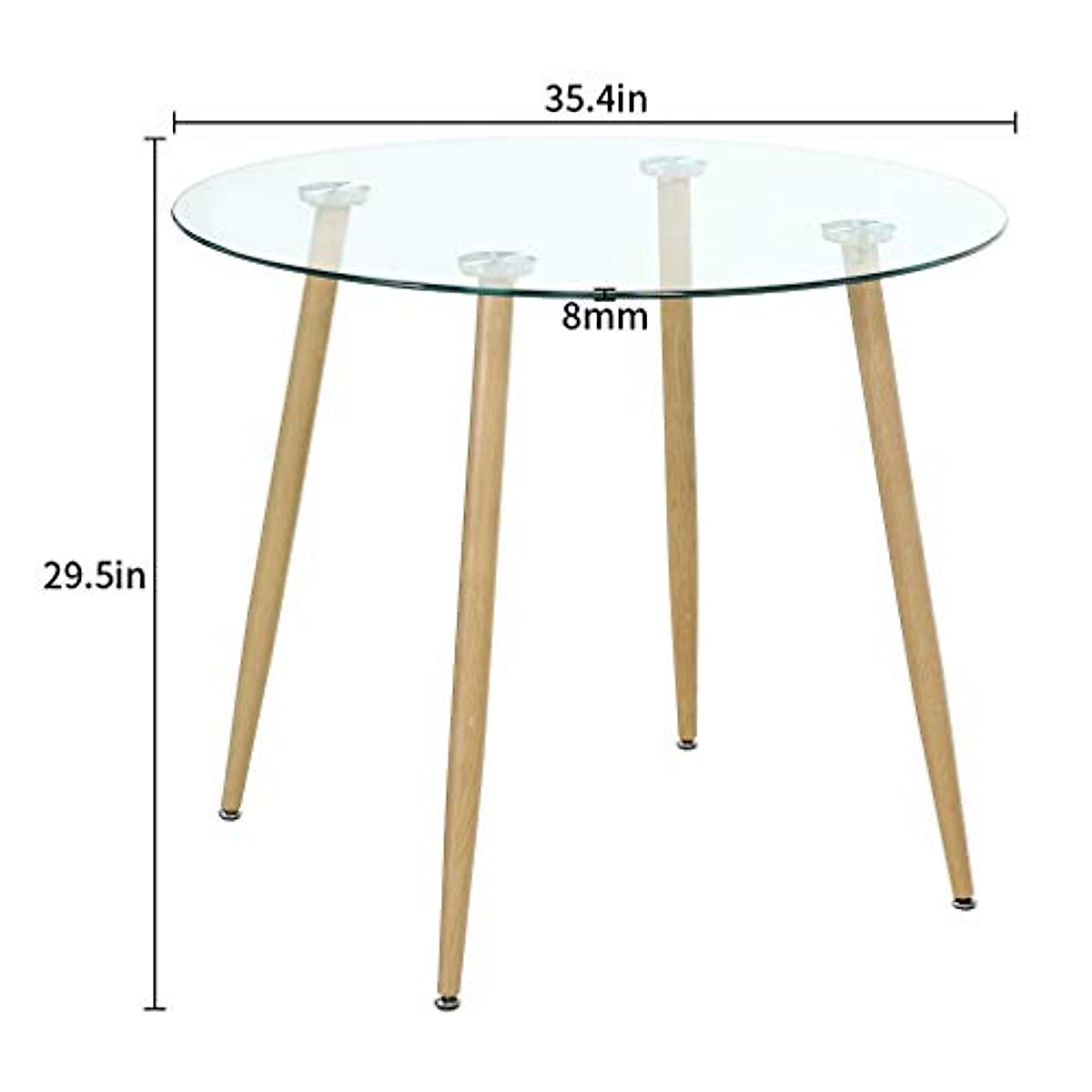 Round Dining Table - Modern Round Glass Dining Table Small Space Dining Room Table - Kitchen Table with Tempered Glass Tabletop and Metal Legs - Wood