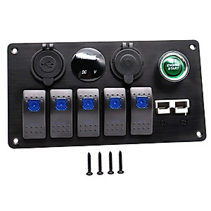 Cigarette Lighter Power Socket Panel, LOKEKE Waterproof 5 Gang Marine Boat Rocker Toggle Switch Panel with Engine Start Push Button + LED Voltmeter + Anderson Connector + Dual USB Socket for RV Truck