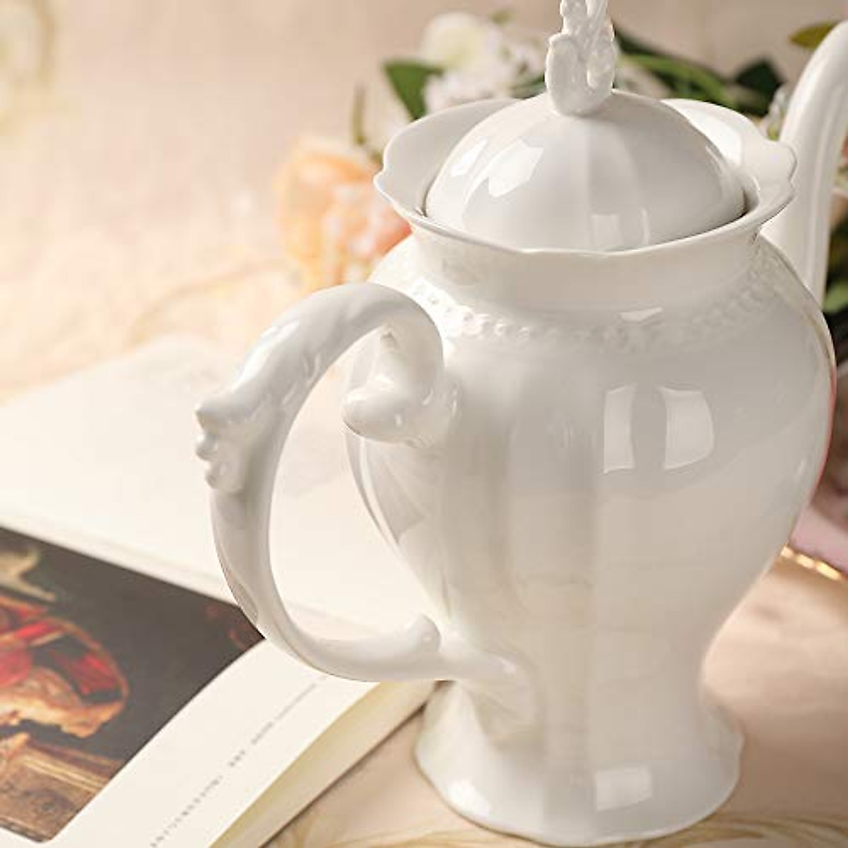 Fine Porcelain White English Teapot, Coffee Pot, Victoria Style, Light Weight, 34 Oz
