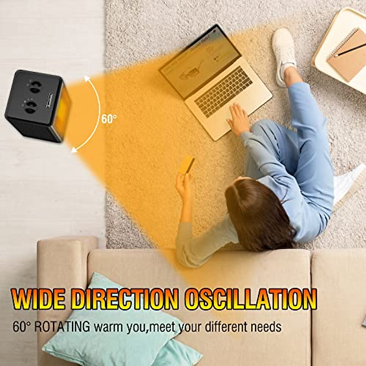 Space Heater, 1500W Portable Heater, 60°Oscillating Electric Heater, Heater for Bedroom Office Indoor Use