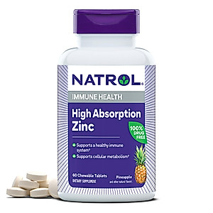 Natrol High Absorption Zinc 7.5 mg per Serving, Dietary Supplement for Immune Health, Chewable Tablets for Adults, 60 Zinc Tablets, 60 Day Supply