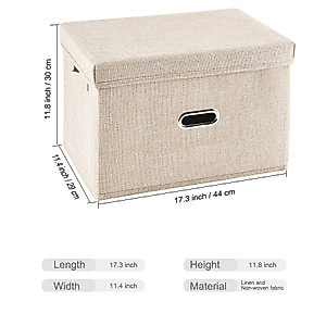 HONGKERNE Storage Box Bin, Linen Fabric, Foldable Storage Organizer with Lid, Multi-Use Clothes Storage Container for Bedroom, Office, Home (Cream, Large)