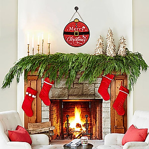 FWIEXA Christmas Door Hanger Decorations, Funny Santa Claus Merry Christmas Door Sign, Round Christmas Wooden Signs for Front Door Home Farmhouse Decor (12''x 11'')