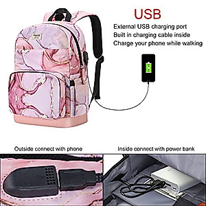 MOSISO 15.6-16 inch 20L Laptop Backpack for Women Girls, Polyester Anti-Theft Casual Daypack Bag with Luggage Strap&USB Charging Port, Travel Business College School Bookbag, Marble MO-MBH216, Pink