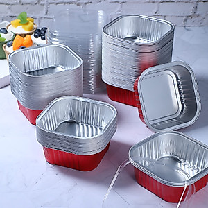100 Set Aluminum Foil Baking Cups 10 oz Cupcake Liners with lids Disposable Mini Dessert Cups Cupcake Ramekins Containers Square for Cake Muffin Souffle Pudding Wedding Birthday Favor