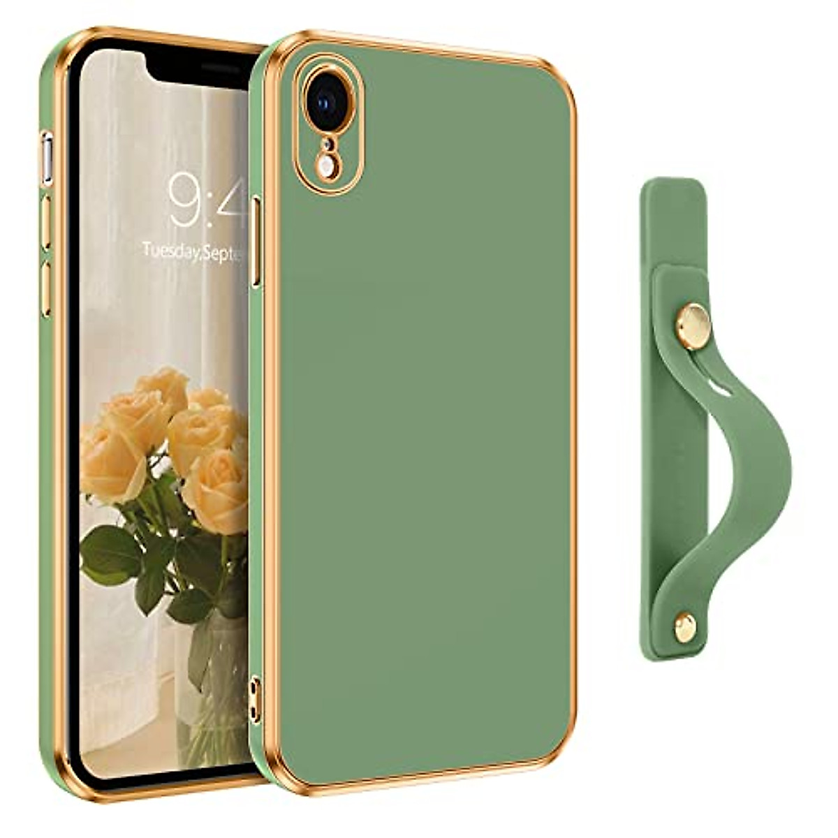 VENINGO iPhone XR Case, Phone Cases for iPhone XR,Slim Fit Soft TPU Rubber with Adjustable Wristband Kickstand Scratch Resistant Shockproof Protective Cover for Apple iPhone XR 6.1 Inch, Matcha Green