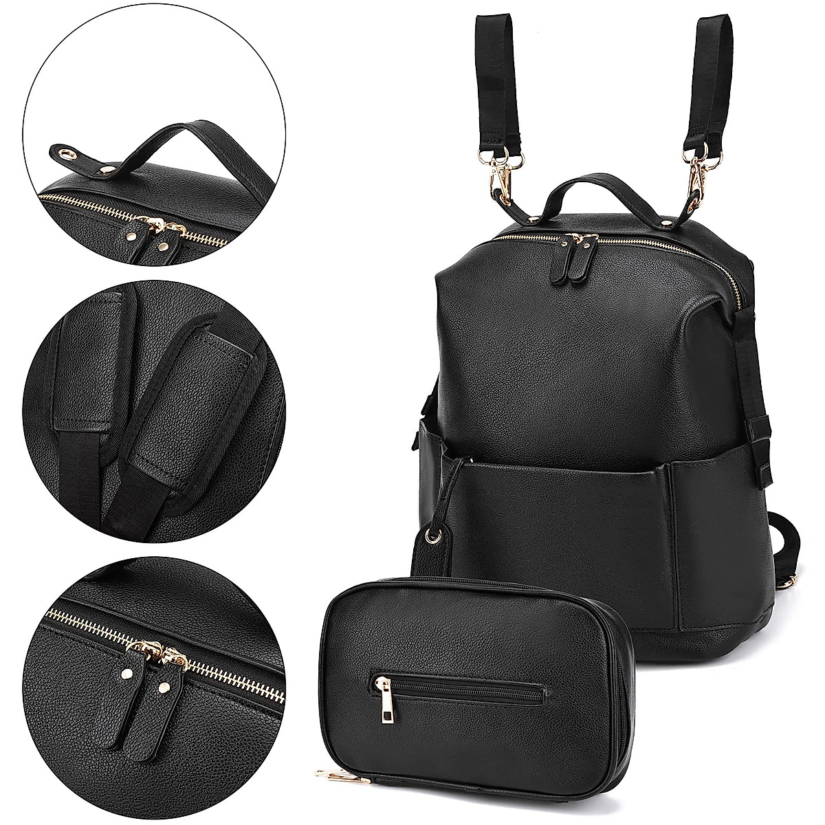 Diaper Bag Backpack for Mom Pu Leather Waterproof Multifunctional Large Capacity Travel Baby Bag with Changing Pad for Boy Girl Stroller Straps 2pcs Black