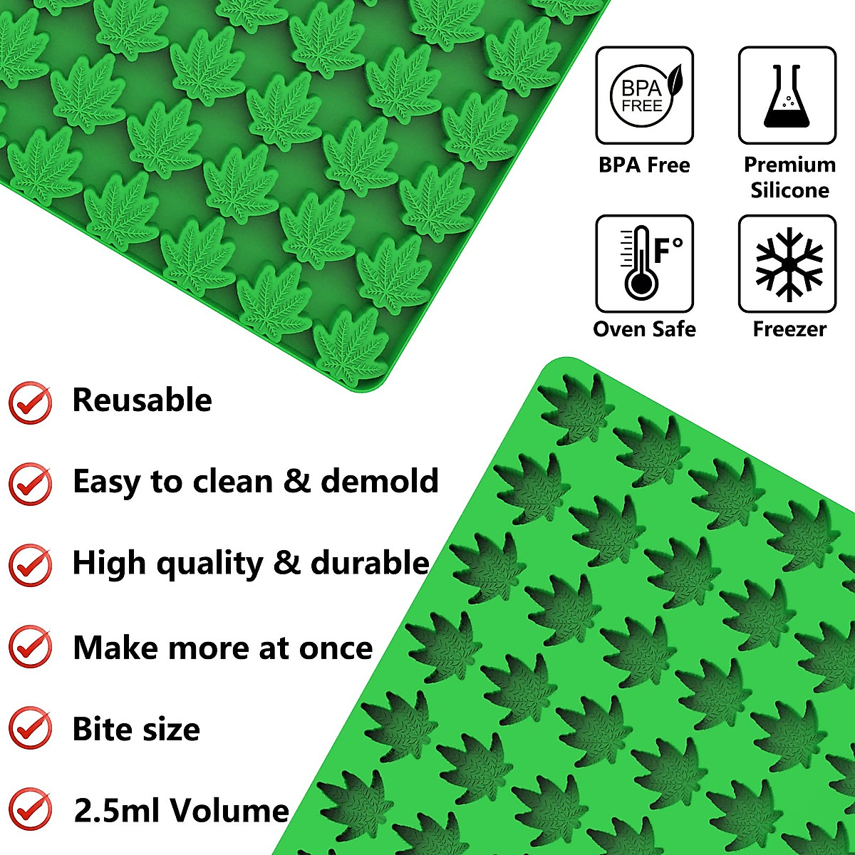 Marijuana Cannabis Hemp Leaf Silicone Molds with 70 Cavities Shaped for Pot Chocolate Candy Gummy, with Baking Scraper