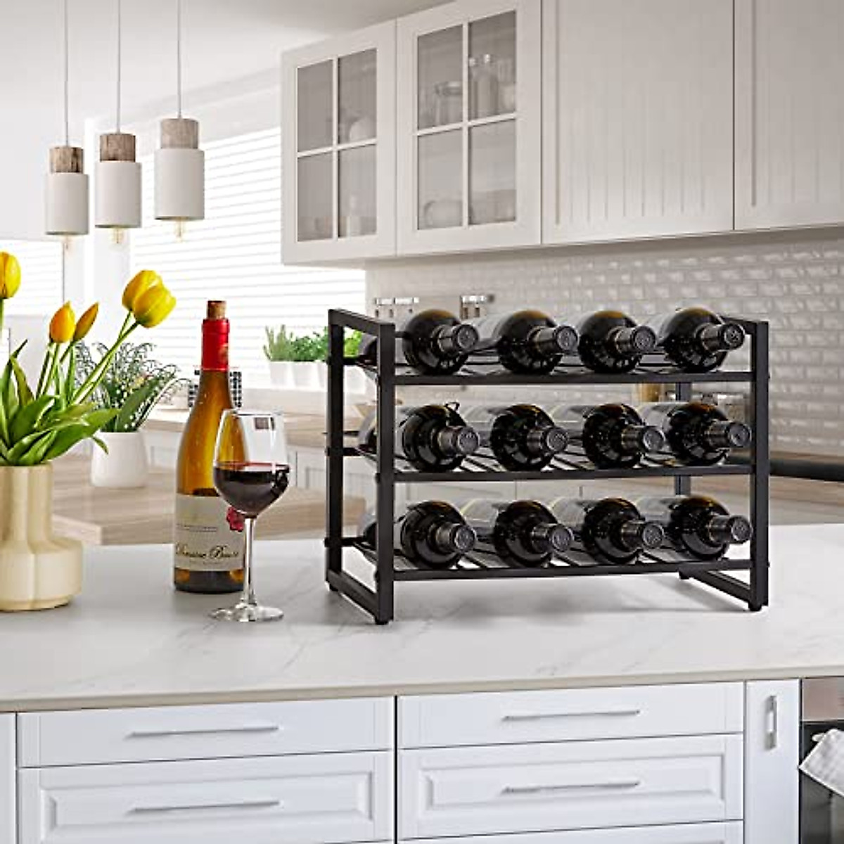 IBUYKE Wine Rack, Stackable Wine Storage Shelf, Liquor Bottle Holders, 3 Tier for 12 Bottles, Inserts for Cabinet, Countertop, Pantry, Bar, Small Space, Study Steel Water Bottle Organizer TMJ906H