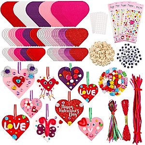 400 Pieces DIY Valentines Heart Craft Set DIY Felt Heart/Owl Craft Supplies Assorted Heart Shapes Felt with Pom Poms Cleaners Googly Eyes for Valentines Party Favor Decoration (Heart)
