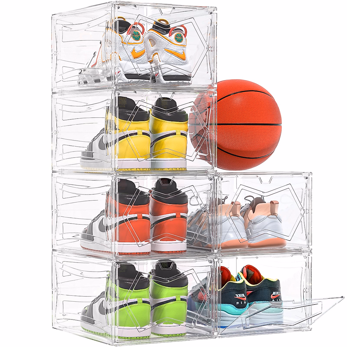 PRAKI Large Shoe Storage Boxes Organizer for Closet with Magnetic Door, 6 Pack Clear Stackable Shoe box for entryway, Space Saving Shoe Rack for Sneaker Boot Containers, 13.6 x 10.6 x 7.5 Inches