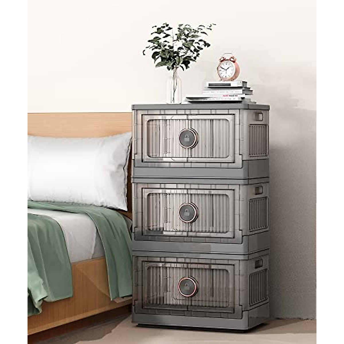 richang Closet Organizers and Storage Shelves, Trunk Organizer, Dorm Room Essentials,Folding Box, Stackable Toy Bins with Door and Wheels, Rotate-to-lock, 3-Pack,35L,Grey