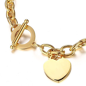 WangGao Elegent Love Stainless Steel Link Chain Blank Heart Charms Bracelet for Women Fits 6.27-7.24'' Wrist Toggle Clasp Closure Gold