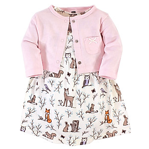 Hudson Baby Girls' Cotton Dress and Cardigan Set, Enchanted Forest, 0-3 Months