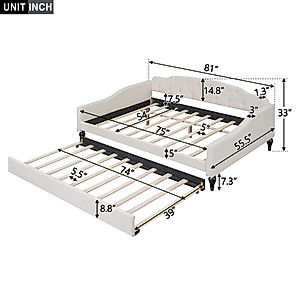 Upholstered Full Daybed with Twin Size Trundle, Full Size Daybed Frame with Button Tufted and Wingback Design, Wooden Full Sofa Bed for Livingroom Bedroom, No Box Spring Needed,Beige