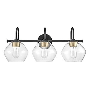 Globe Electric 51853 3-Light Vanity Light, Dark Bronze, Antique Brass Accents, Clear Glass Shade, Beauty Room Accessories, Bathroom Lights Over Mirror, Makeup Mirror Lights, Home Improvement
