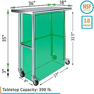 Express KitchQuip Stainless Steel Work Table Open Base & Wheels | Work Station | Metal Work Bench (Stainless Steel Work Table Open Base + Casters) (36" Long x 18" Deep)