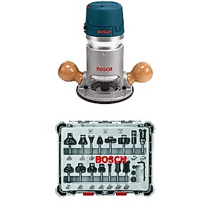BOSCH 1617EVS 2.25 HP Electronic Fixed-Base Router&BOSCH 15 pc. Carbide-Tipped Wood Router Bit Set