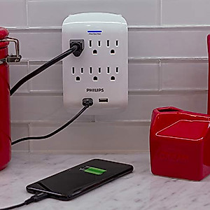 Philips 3-Outlet Extender with 2-USB Port Surge Protector, Charging Station, 900 Joules, Grounded Power Adapter, Indicator Light, 3-Prong, 2.4 AMP/12 Watt, ETL Listed, White, SPP6233WB/37