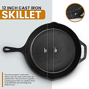 Utopia Kitchen Pre-Seasoned Cast Iron Skillet With Lid - 12 Inch Nonstick Frying Pan - Safe Indoor & Outdoor Grill Cookware