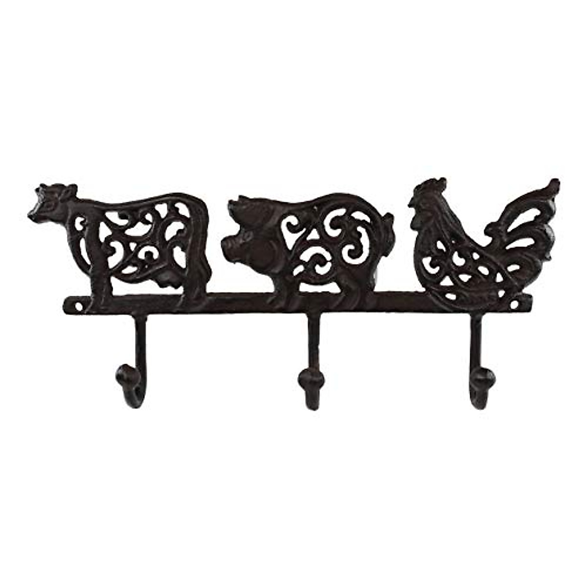 Ebros Cast Iron Filigree Scroll Patterns Rustic Barn Animals Chicken Pig and Cow 3 Peg Wall Hooks Western Vintage Farmhouse Multi-Purpose Hanger Plaque for Coats Hats Keys Clothing Towel Pet Leash