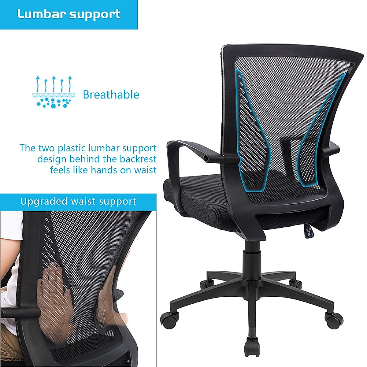 Furmax Office Chair Mid Back Swivel Lumbar Support Desk Chair, Computer Ergonomic Mesh Chair with Armrest (Black)