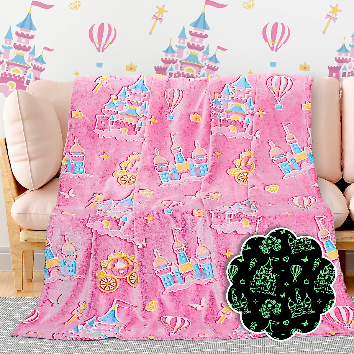 BORORO Princess Blankets for Girls - Glow in The Dark Blanket Castle Pink Blanket Birthday Gifts for Toddler Kids Girls Blankets