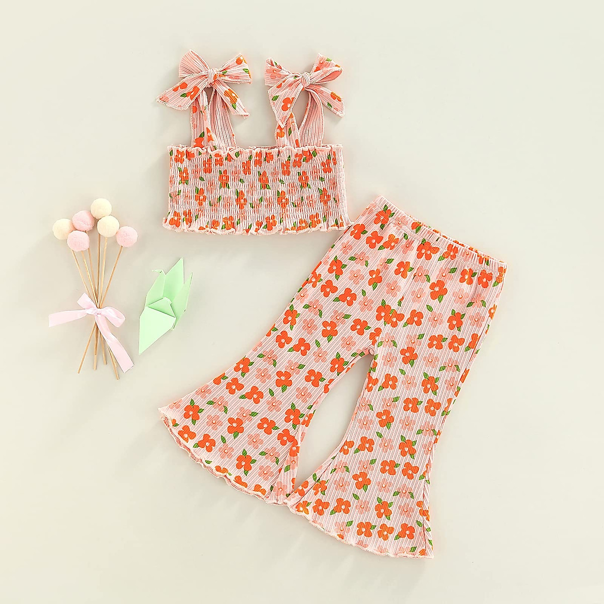 Toddler Baby Girl 2Pcs Outifts Kids Floral Sleeveless Strap Vest Tops High Waist Flared Pants Bell Bottoms Clothes (Flower Pink,2-3T)