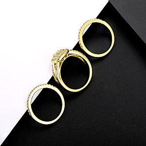 MDFUN Three in One Square Halo Wedding Band Set Engagement Ring 18K Yellow Gold Plated Cubic Zirconia Promise Eternity Ring for Women Size 7