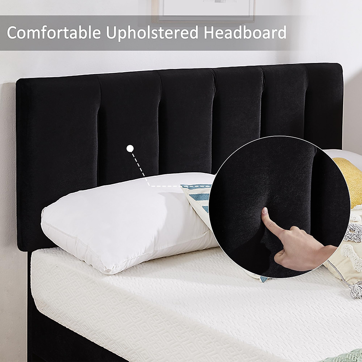 VECELO Queen Bed Frame with Upholstered Headboard, Platform Mattress Foundation with Strong Wooden Slats Support, No Boxing Spring Needed, Easy Assembly, Black