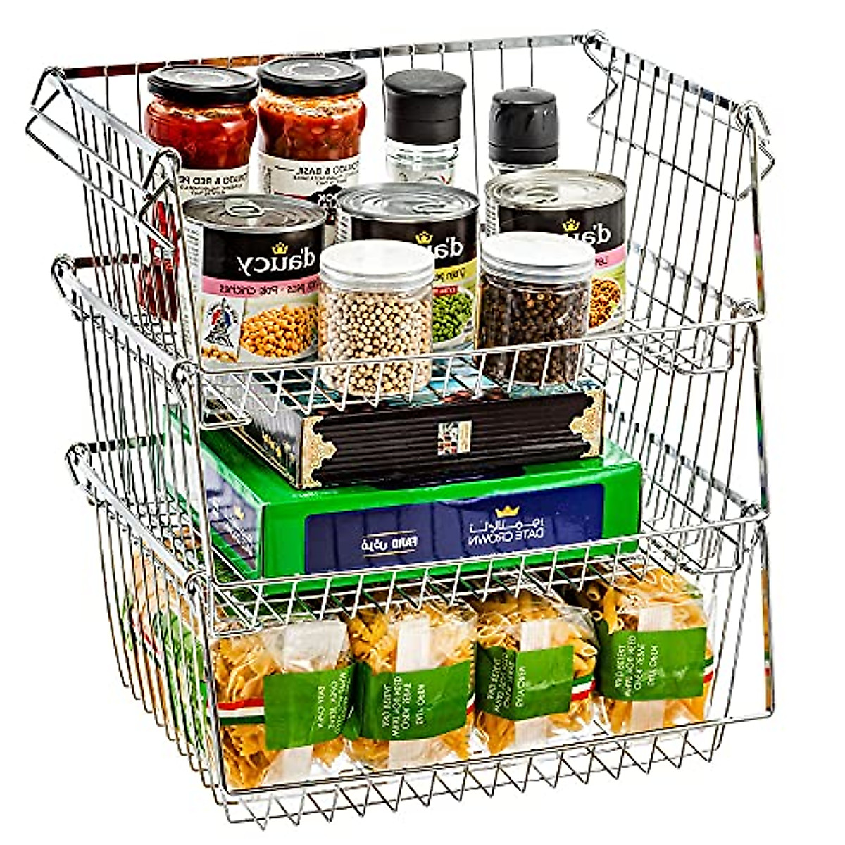 SANNO 14" Large Bin Baskets Stacking Farmhouse Baskets Wire Storage Baskets Organization Farmhouse Scoop Baksket for Pantry, Kitchen, Closets, Bathroom, Cabinets, Kitchen, Set of 3