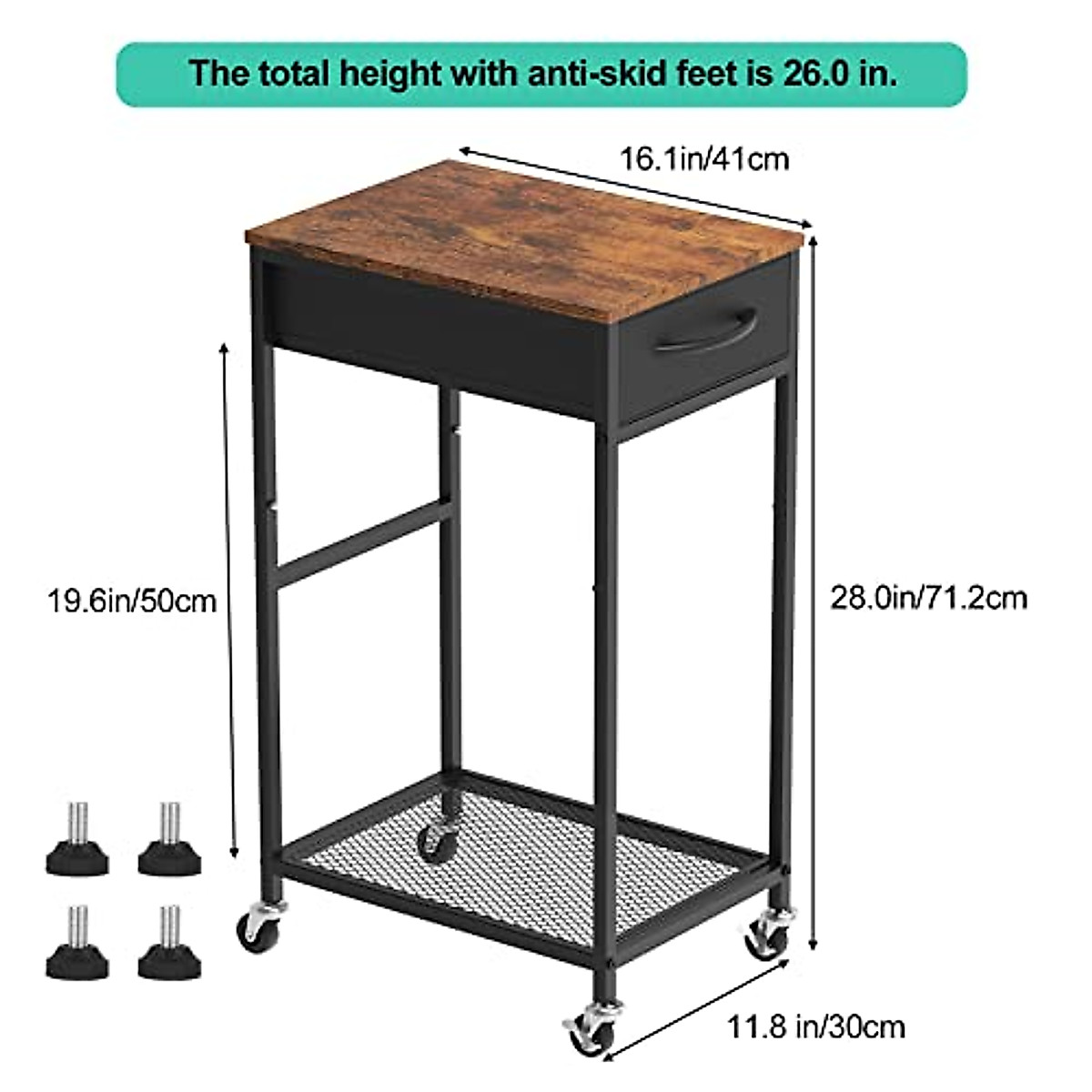 Computer Tower Stand PC Tower Stand with Storage Drawer 2 Tier Wood Rolling CPU Holder Stand Mobile Printer Cart on Wheels for Home Office, Industiral Brown and Black