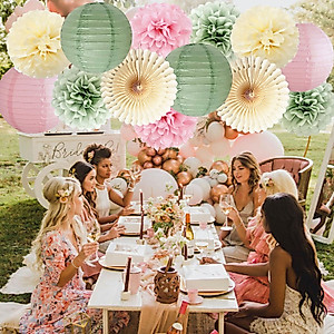 Sage Green and Pink Party Decoration Sage Pink Cream Tissue Paper Pom Poms Hanging Paper Lanterns Sage Green Party Decorations for Wedding Engagement Baby Shower Bridal Shower Girl Birthday