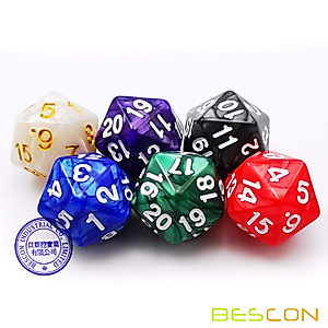 Bescon D20 Spindown Dice 22MM, Assorted Marble Colors 6pcs Set