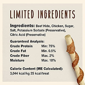 Cadet Gourmet Beef Hide & Chicken Twists Dog Treats - Healthy & Natural Rawhide & Chicken Dog Treats for Small & Large Dogs - Inspected & Tested in USA, 5 In. (50 Count)