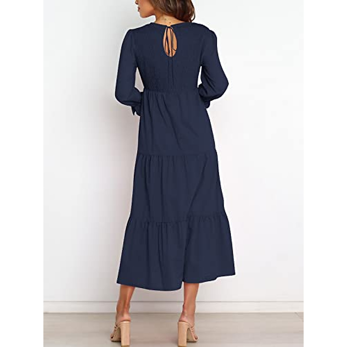 LOGENE Womens Round Neckline Shirred Bodice Maxi Dress Tiered Panel Skirt-6L55-zanglang-M Navy Blue