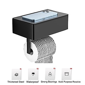Toilet Paper Holder with Phone Shelf, Multifunctional Tissue Holder with Wipes Dispenser, Stainless Steel Tissue Roll Adhesive or Screw Wall Mounted Storage for Washroom Bathroom Organizer, Black